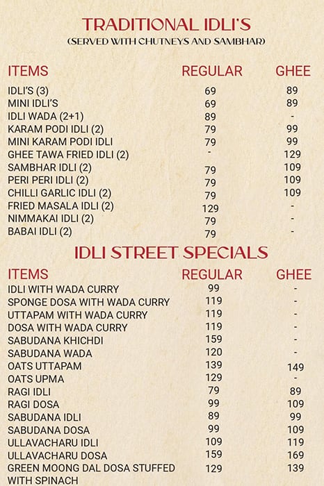 Menu of Idli Street, Jubilee Hills, Hyderabad