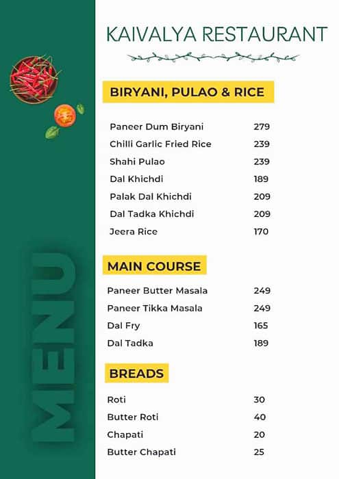 Menu of Kaivalya Restaurant, Erandwane, Pune