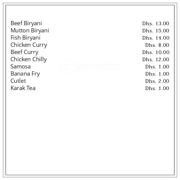 Menu at Original Royal Taste cafeteria, Abu Dhabi