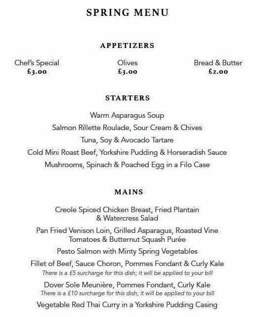 Menu at Proud City club, London, 1 Mark Lane Opposite Fenchurch St Station