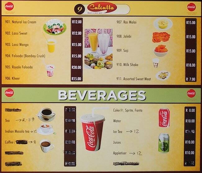 Menu au Mumbai Cafe, Le Cap, Shop No 4