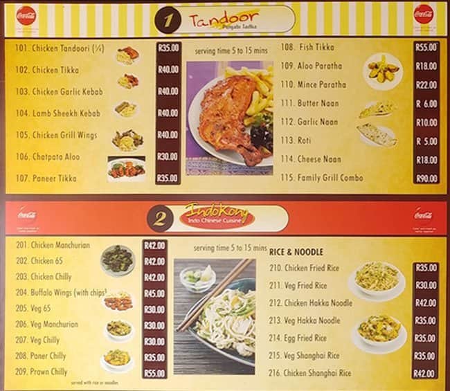 Menu au Mumbai Cafe, Le Cap, Shop No 4