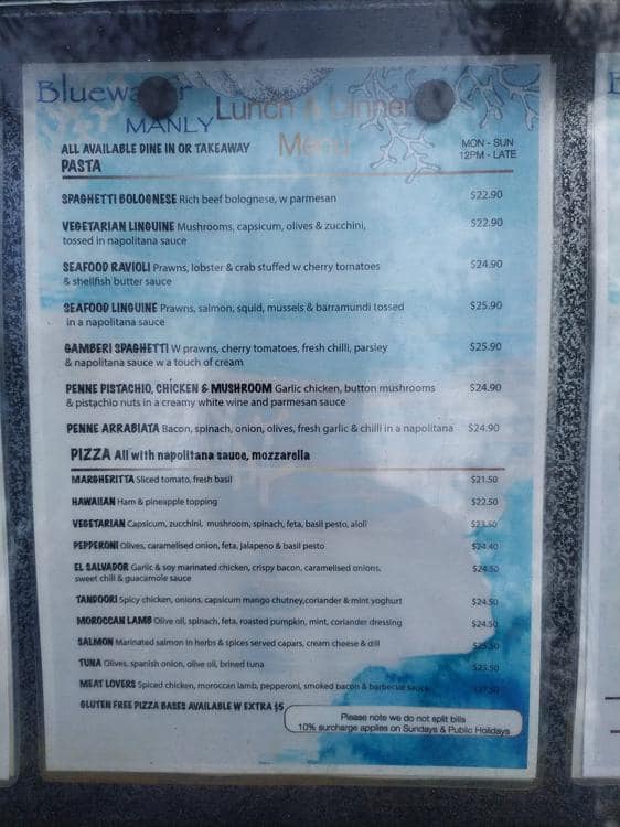 Menu at Bluewater Cafe, Manly