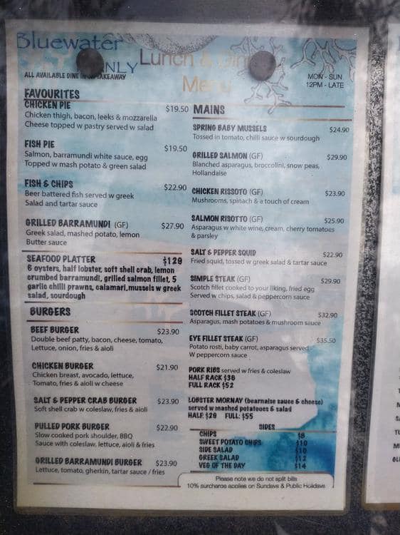 Menu at Bluewater Cafe, Manly