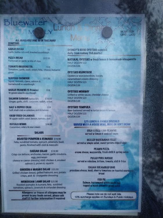 Menu at Bluewater Cafe, Manly