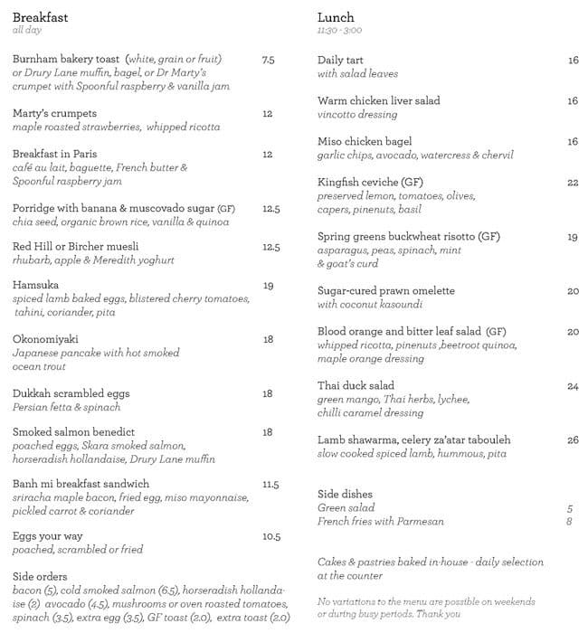Menu at Spoonful restaurant, Prahran