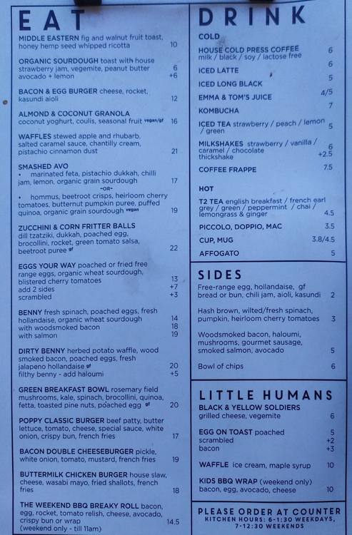 Menu at The Blue Poppy cafe, Morningside