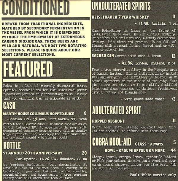 Menu at Mongoose versus Cobra pub & bar, Houston