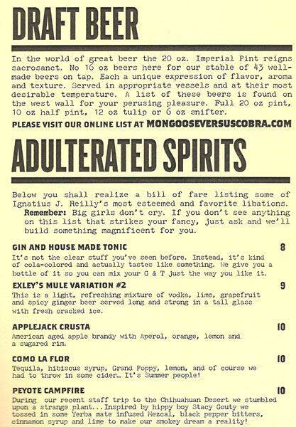 Carta del pub y bar Mongoose versus Cobra, Houston