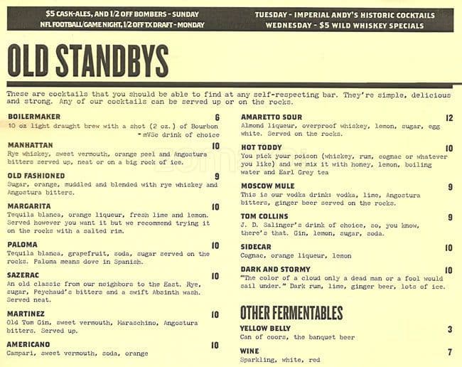 Menu at Mongoose versus Cobra pub & bar, Houston