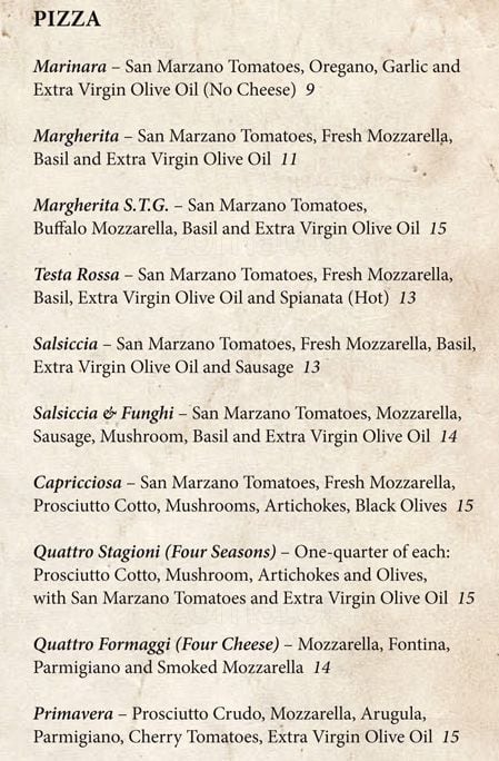 Menu at Pizzeria Testa, Frisco, Church St