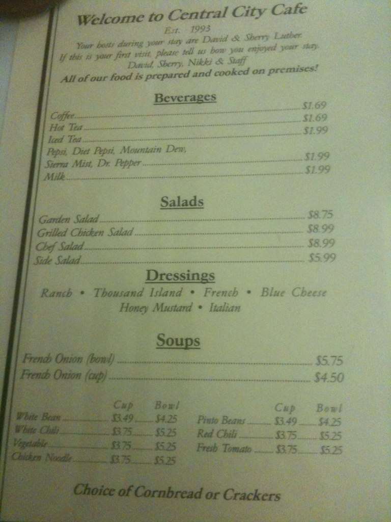 Menu at Central City Cafe, Huntington, 529 14th St W