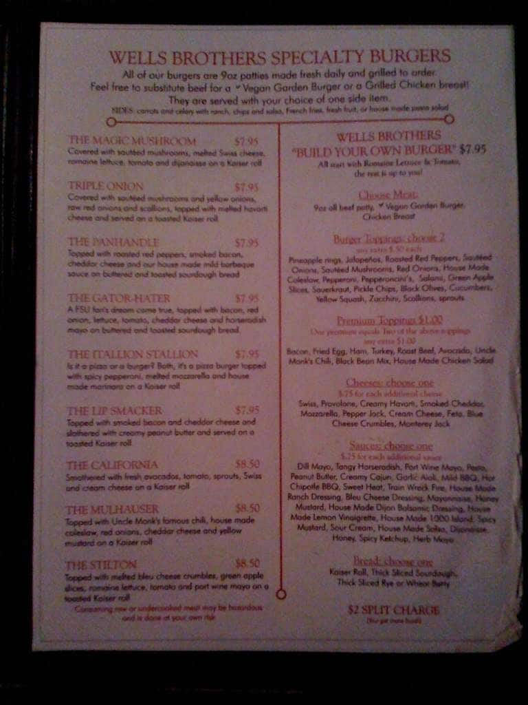 Menu at Wells Brothers Bar and Grill, Tallahassee