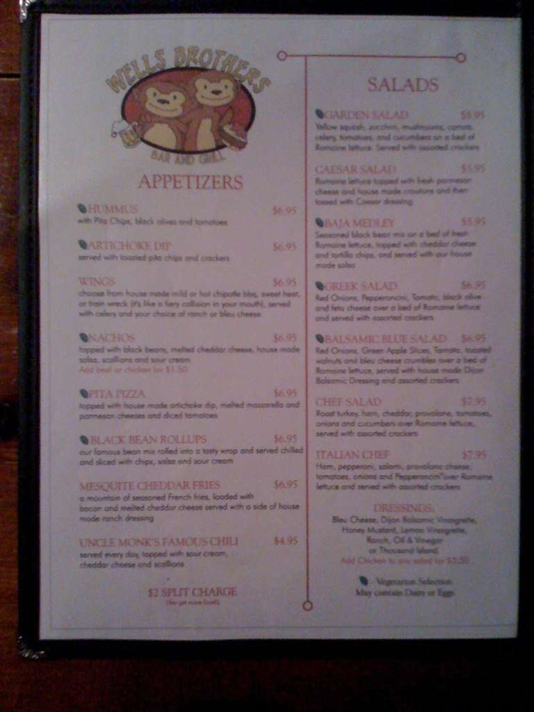 Menu at Wells Brothers Bar and Grill, Tallahassee