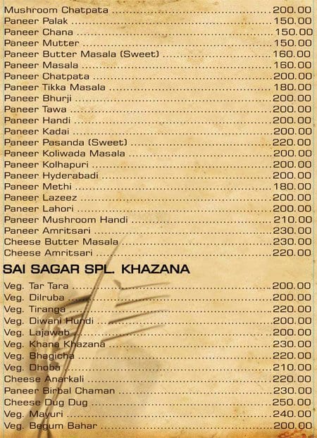 Menu at Hotel Sai Sagar, Thane, Happy Valley