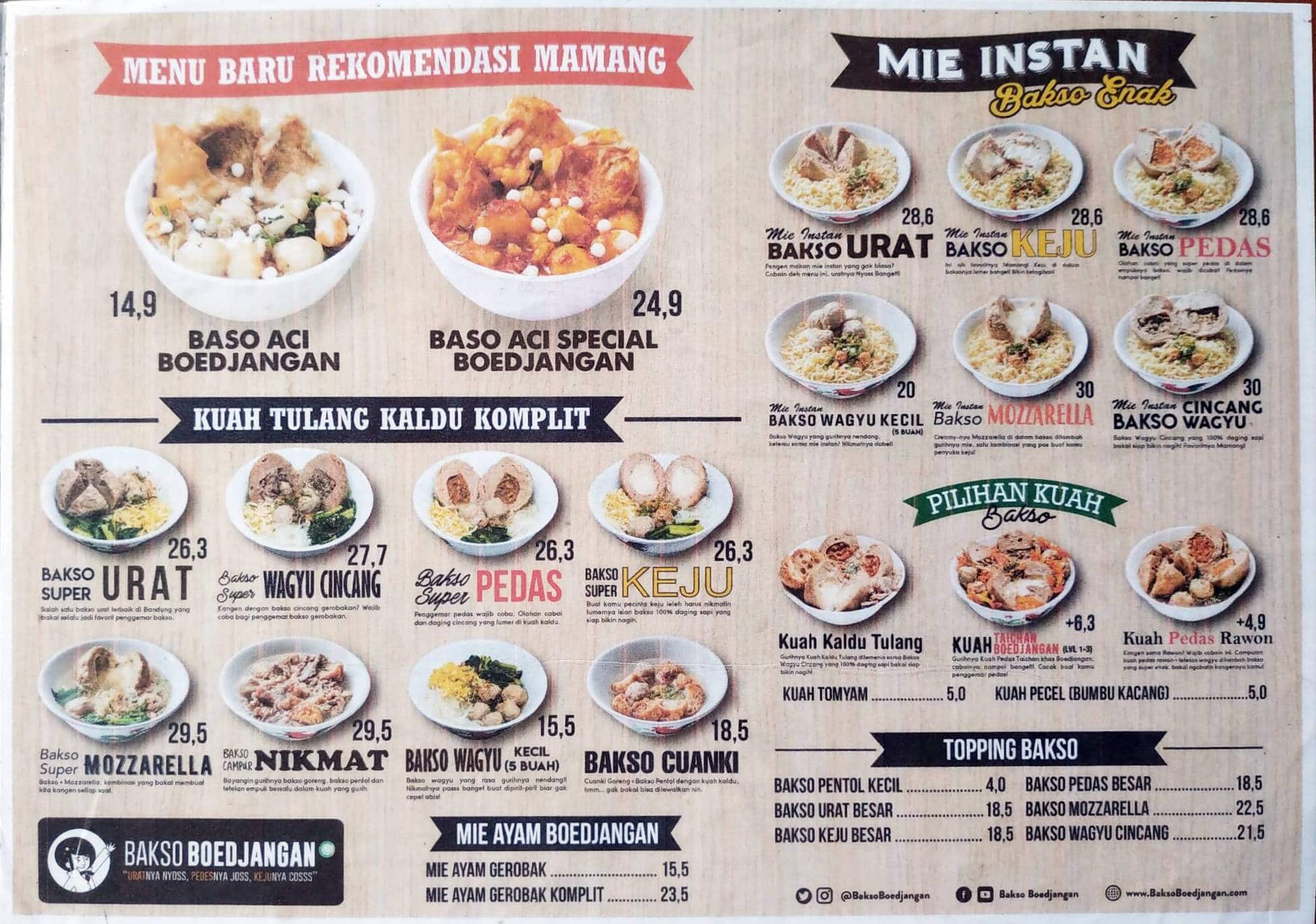Menu at Bakso Boedjangan Proklamasi restaurant, Jakarta