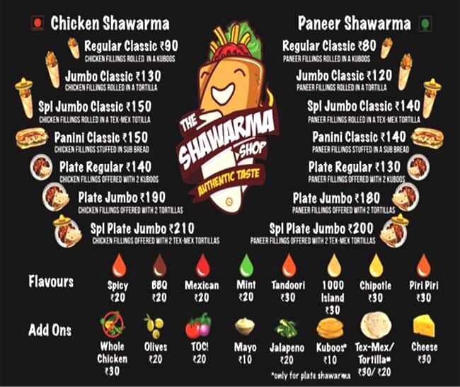 Menu of The Shawarma Shop, Adambakkam, Chennai