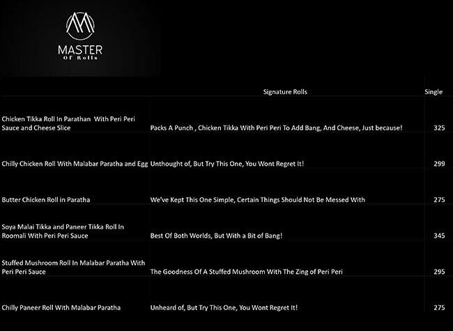 Menu of Master Of Rolls, Sushant Lok, Gurgaon