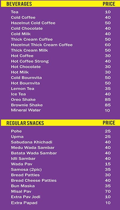 Menu of CAFE Durga, Pune University, Pune