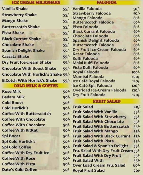 Menu of Ice Cafe & Lassi Shop, Nampally, Hyderabad