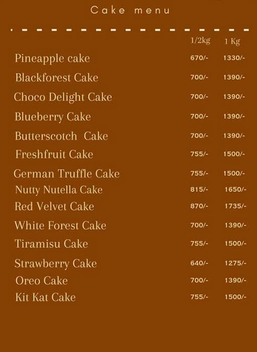 Menu of The Baker's Story, Gomti Nagar, Lucknow