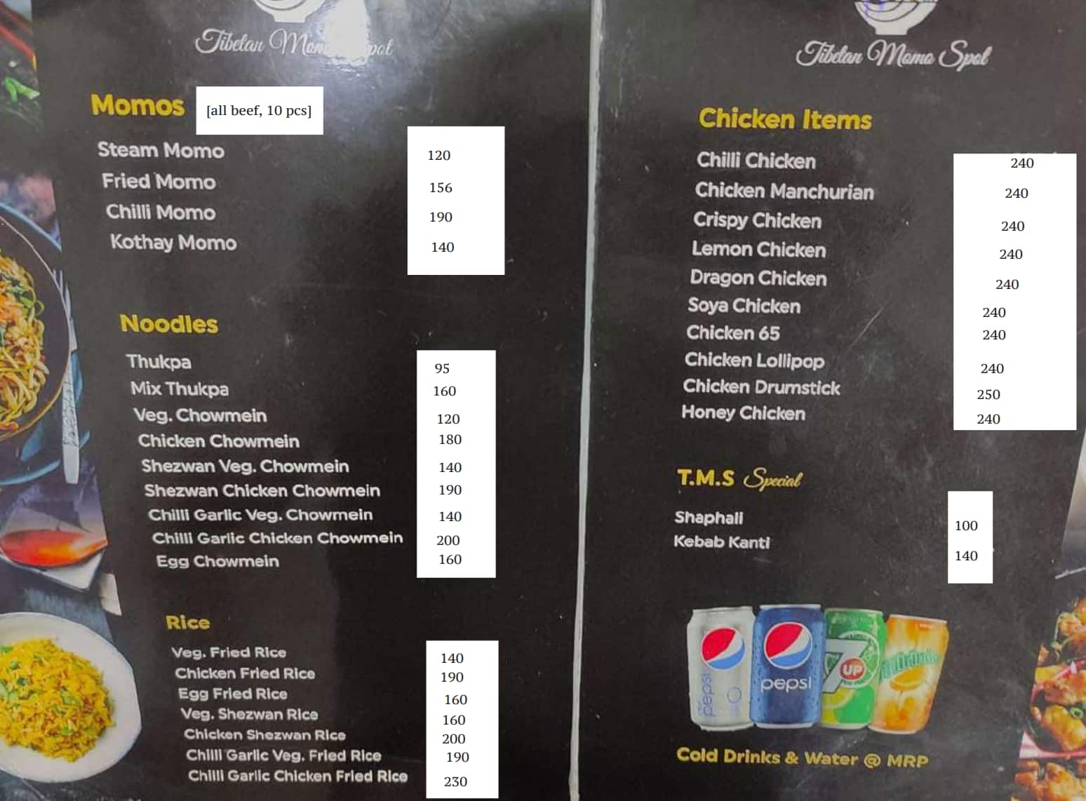 Menu of Tibetan Momo Spot, Lal Chowk, Srinagar