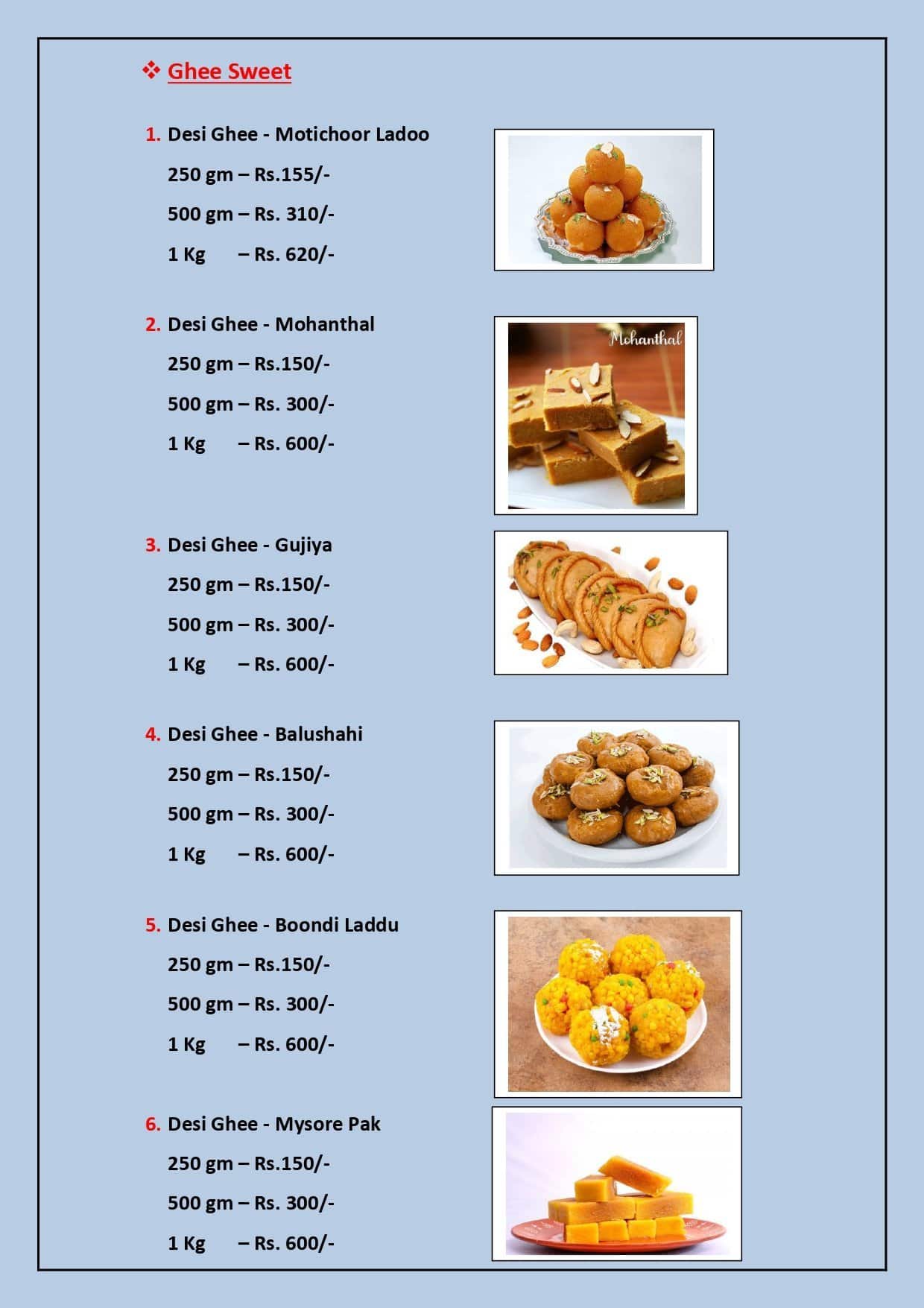 Menu at Rajasthanwala Sweets & Farsan, Vadodara
