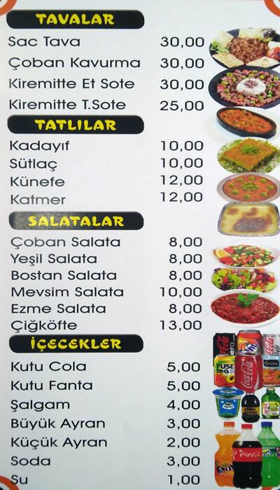 Menu at Yeni Saray, Istanbul