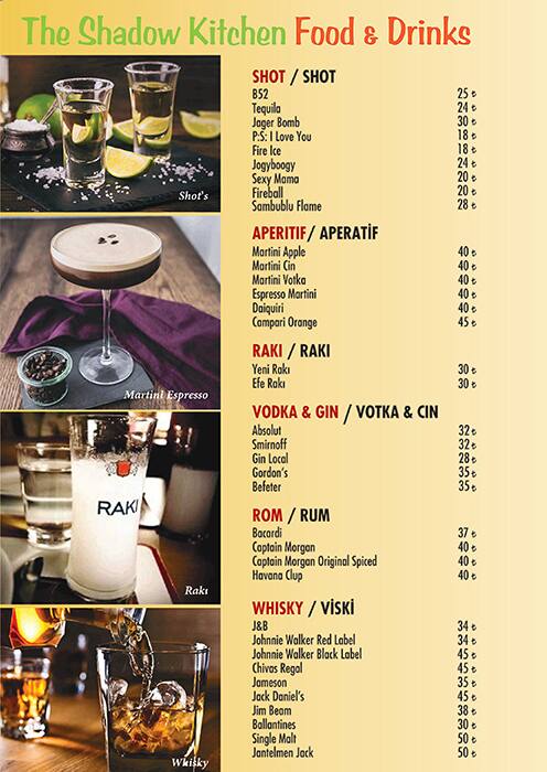 Menu at Shadow Cafe Bar Restaurant, Istanbul