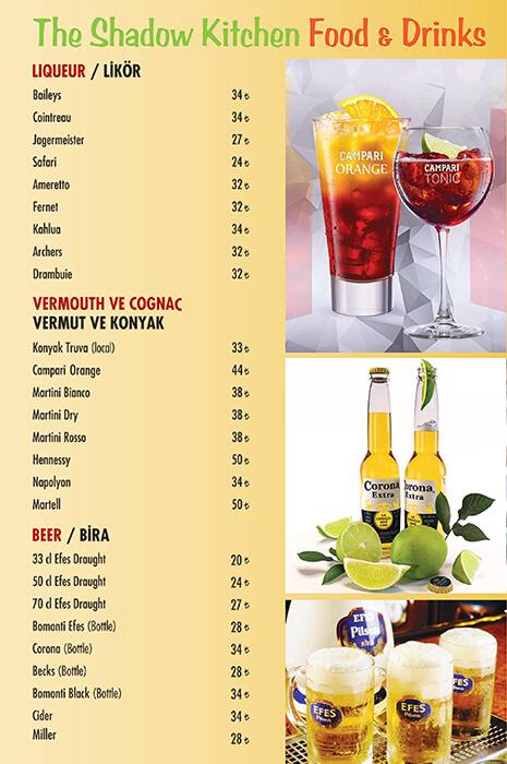 Menu at Shadow Cafe Bar Restaurant, Istanbul