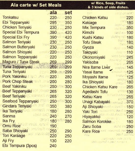Menu at Ayu Japanese Restaurant, Las Pinas