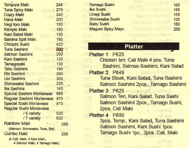 Menu at Ayu Japanese Restaurant, Las Pinas
