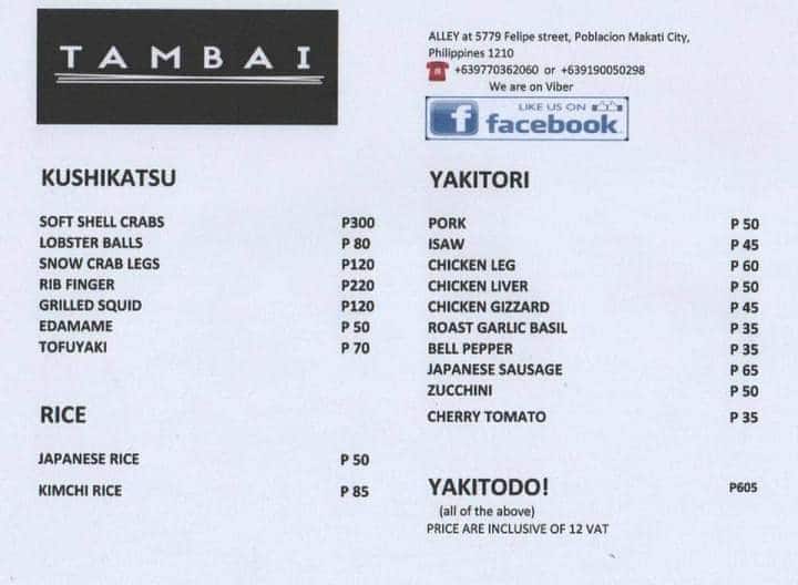 Menu at Tambai BBQ, Makati