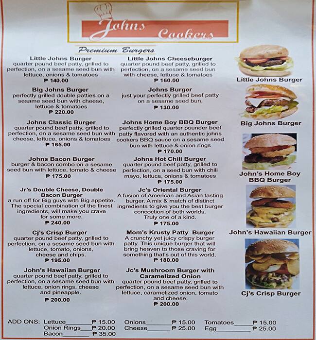 Menu at John Cookers restaurant, Quezon City