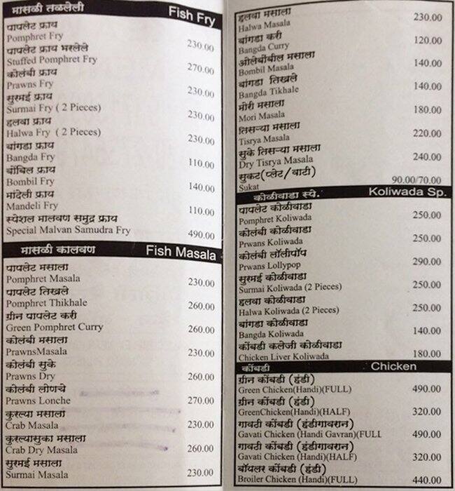 Menu at Malwan Samudra, Pune, Trimurti Corner