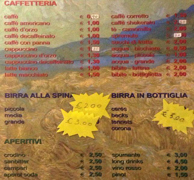 Menu da Bar Tabaccheria Van Gogh, Milano