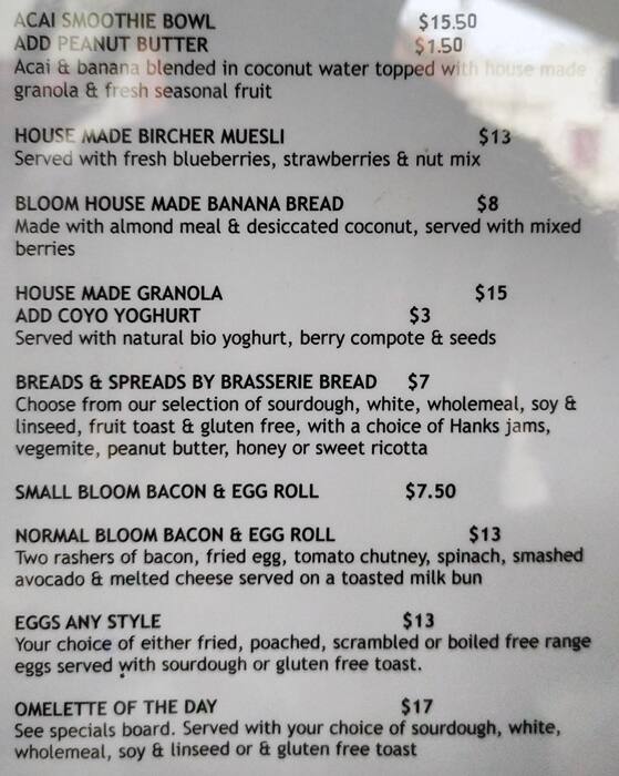Menu at Bloom restaurant, Mosman