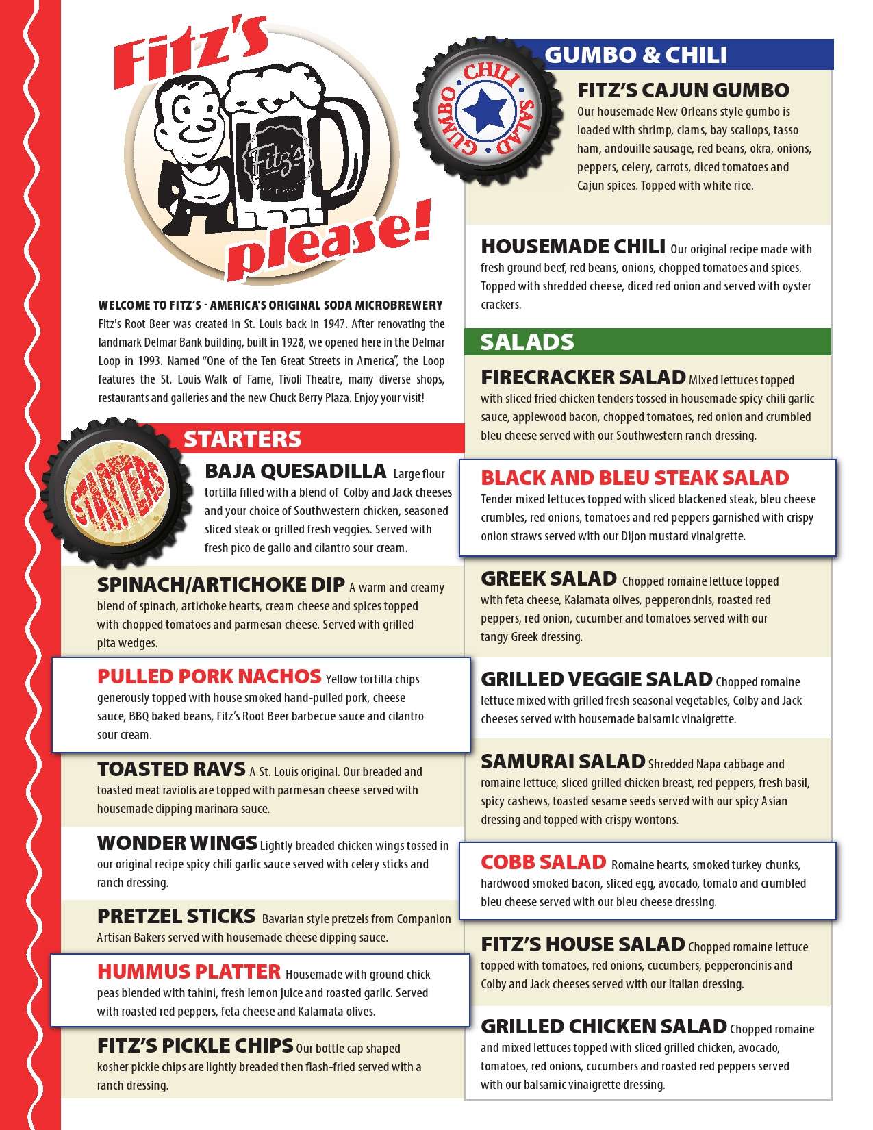 Menu at Fitz's Delmar pizzeria, University City