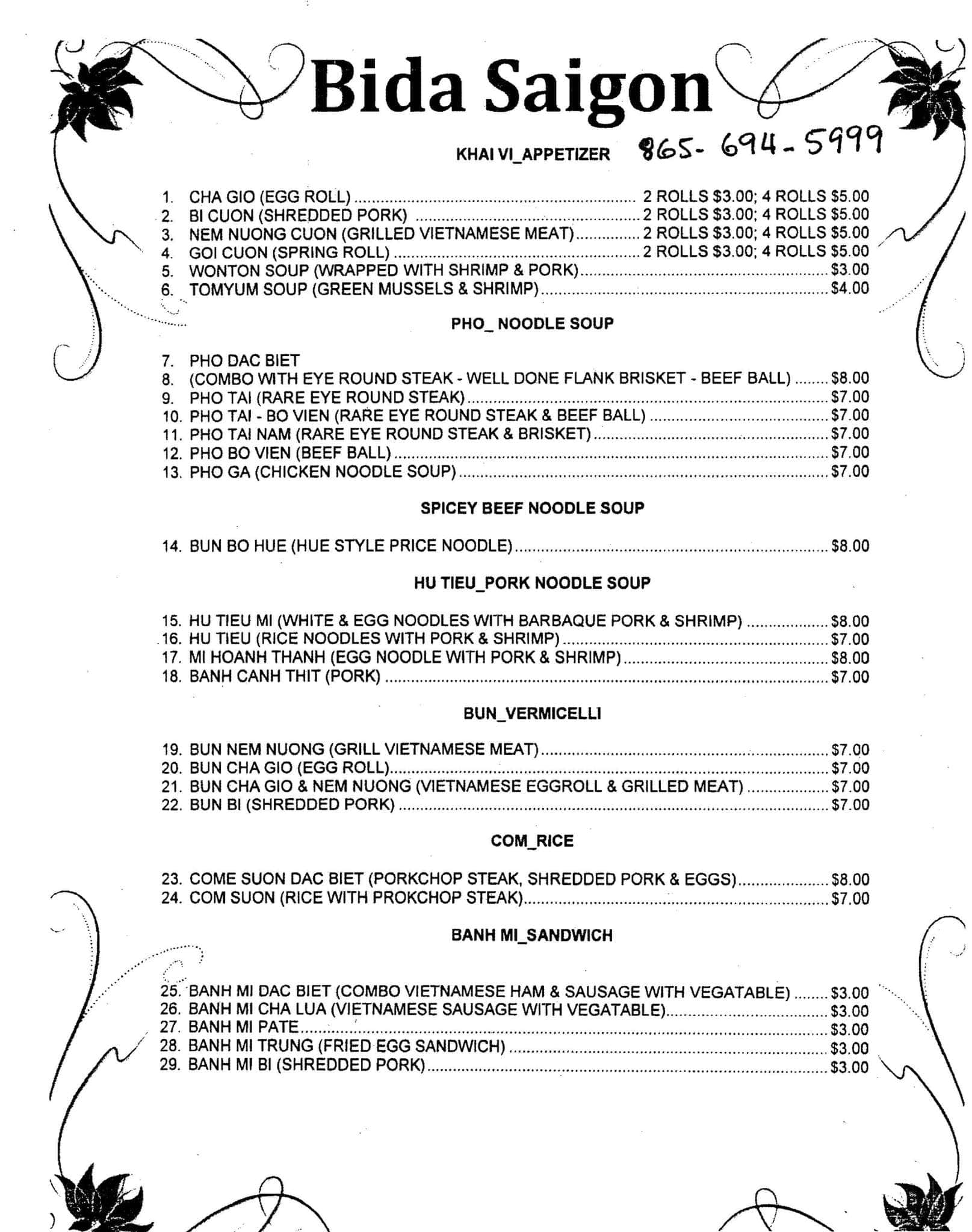 Menu at Bida Saigon restaurant, Knoxville