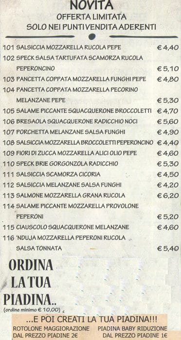 Menu da 574 Piadineria ristorante, Roma, Via Tiburtina