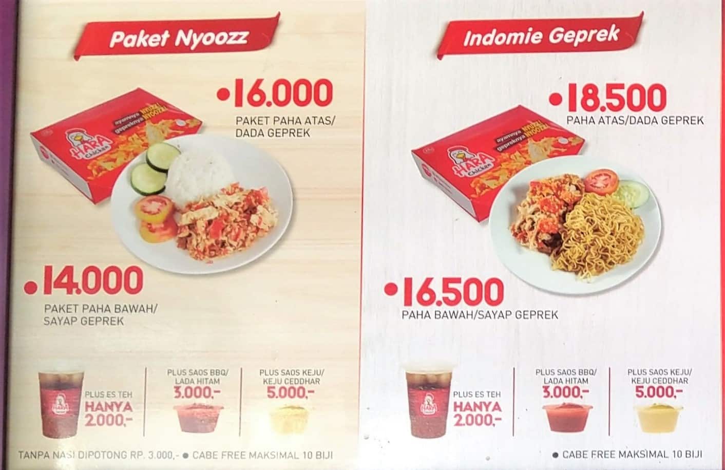 Menu at Hara Chicken restaurant, Central Jakarta, Jl. Salemba Tengah ...