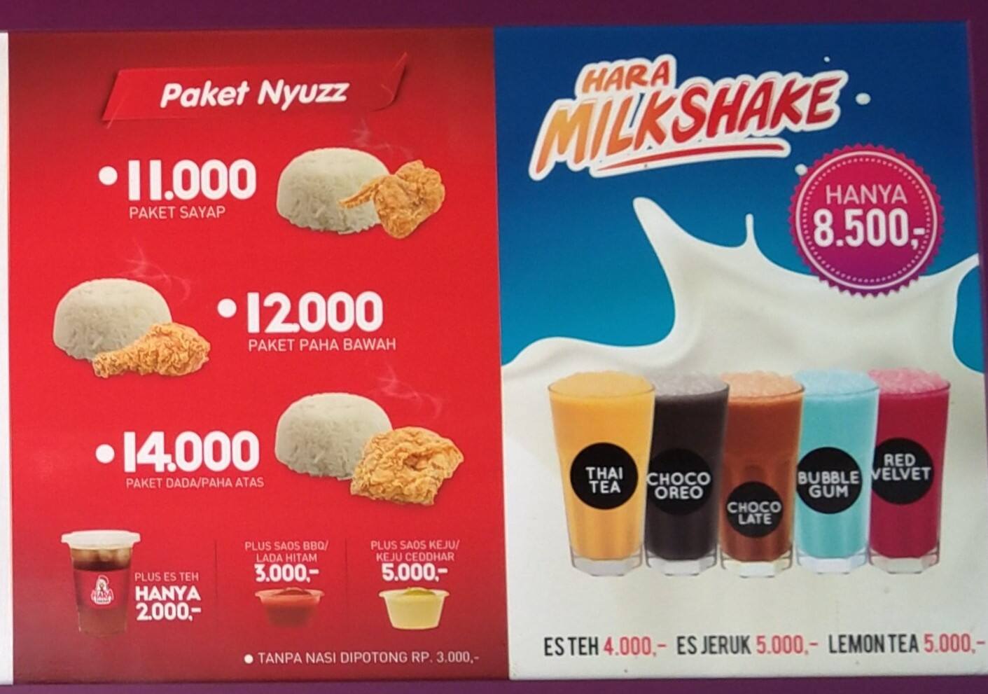 Menu at Hara Chicken restaurant, Central Jakarta, Jl. Salemba Tengah ...