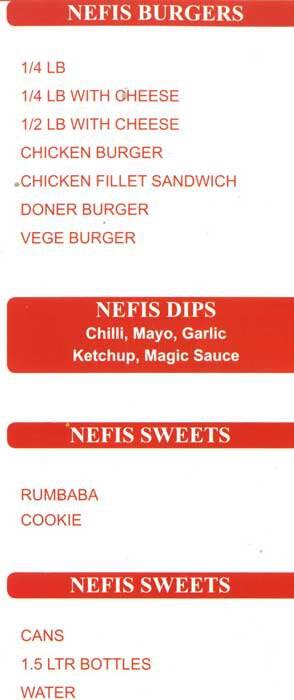 Menu at Nefis fast food, Worcester Park, 175 Central Rd