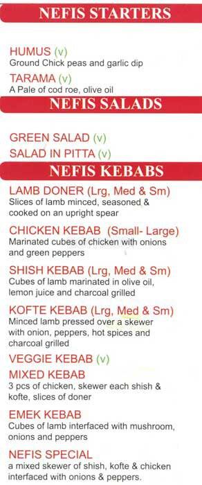 Menu at Nefis fast food, Worcester Park, 175 Central Rd