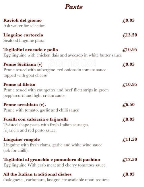 Menu at La Mamma restaurant, Worcester Park
