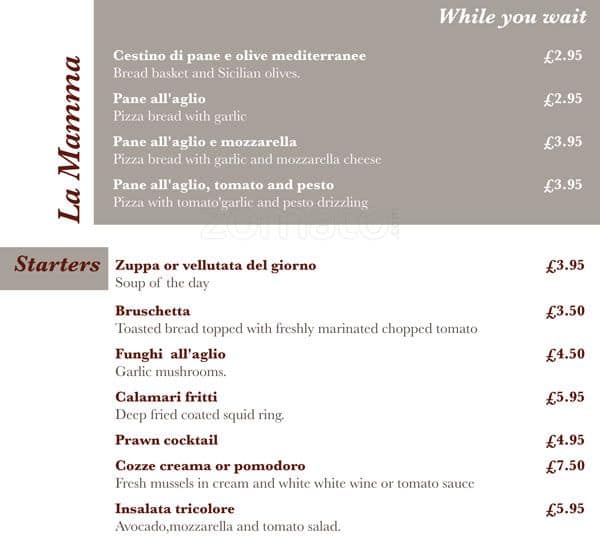 Menu at La Mamma restaurant, Worcester Park