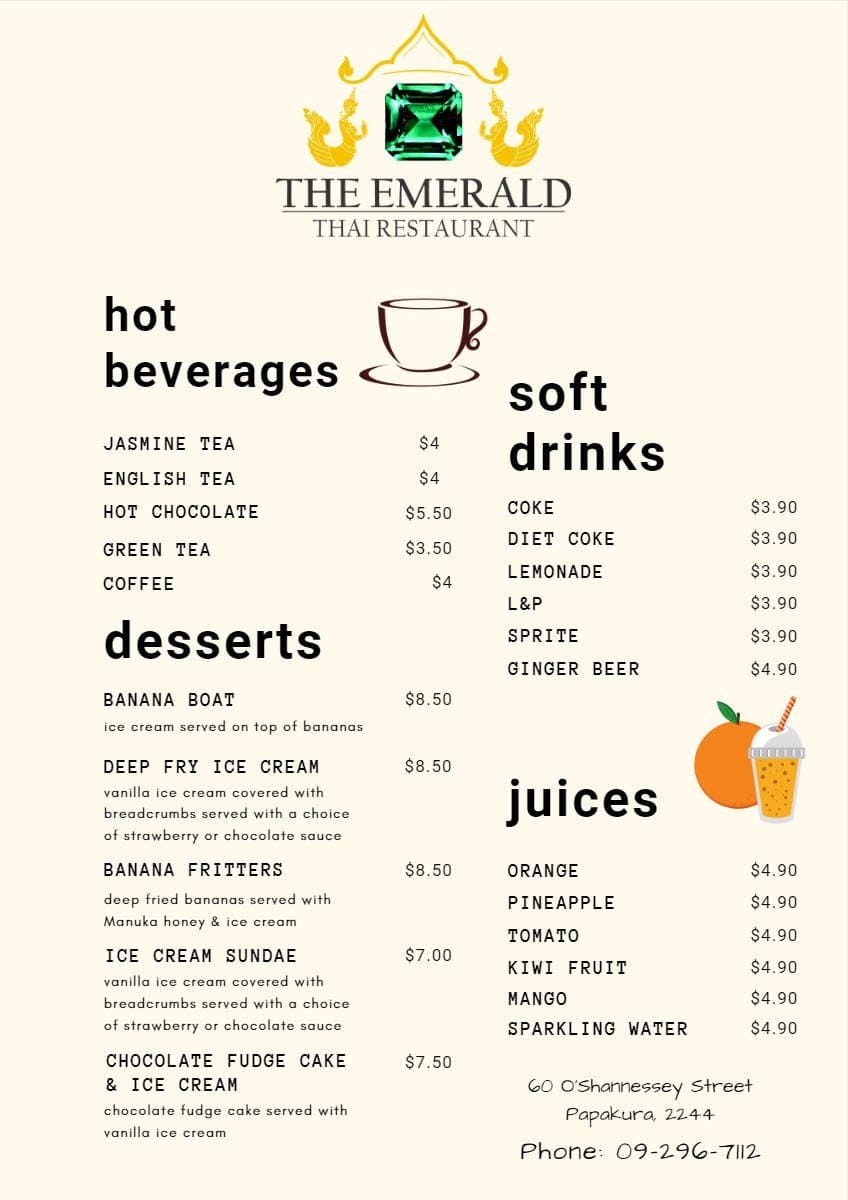 Menu at The Emerald Thai Restaurant, Papakura
