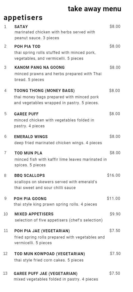 Menu at The Emerald Thai Restaurant, Papakura