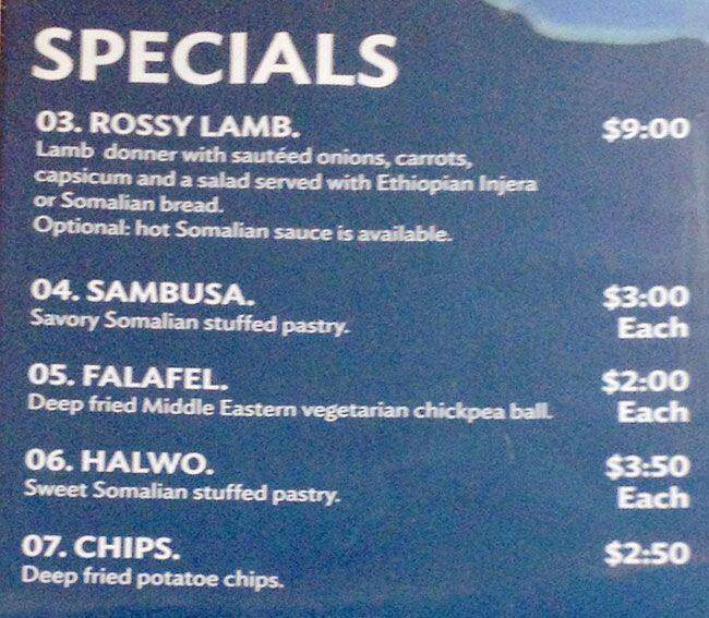 Menu at Baghdad Cafe, Wellington