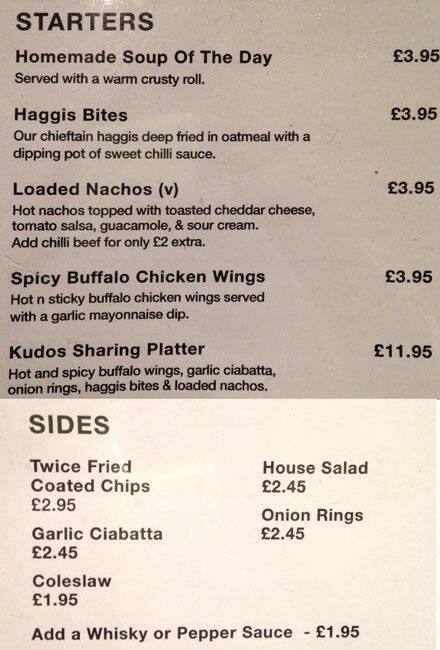 Menu at Kudos pub & bar, Glasgow